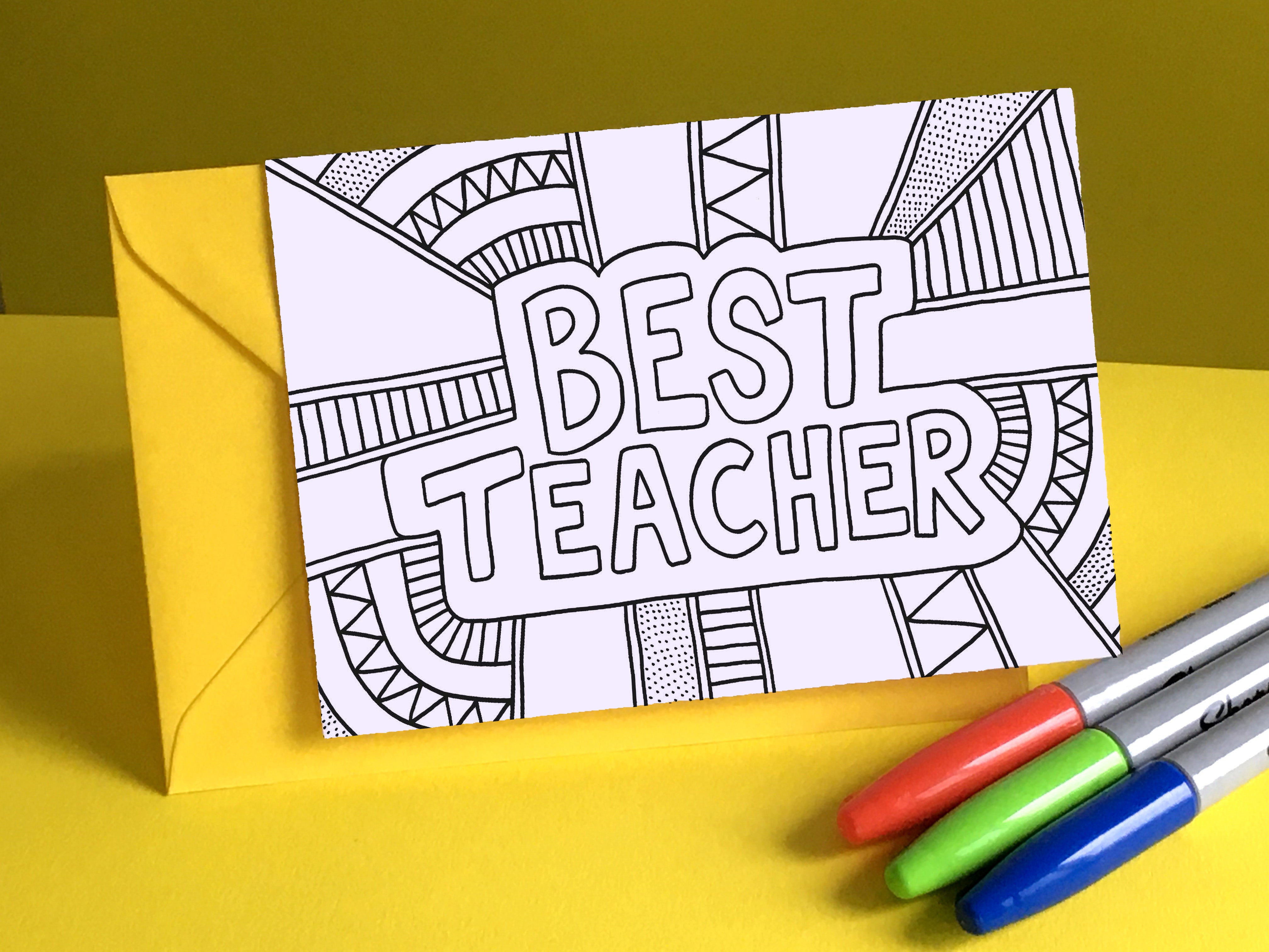 BEST TEACHER – Colouring In Greeting Card – HandyStudioUK